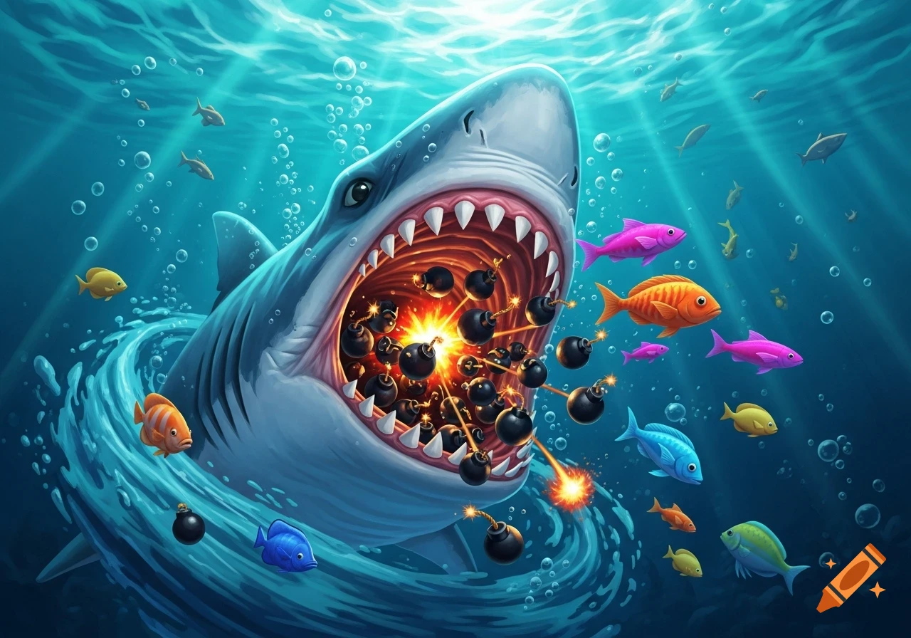 A vibrant cartoon shark with its mouth open, full of exploding bombs ...