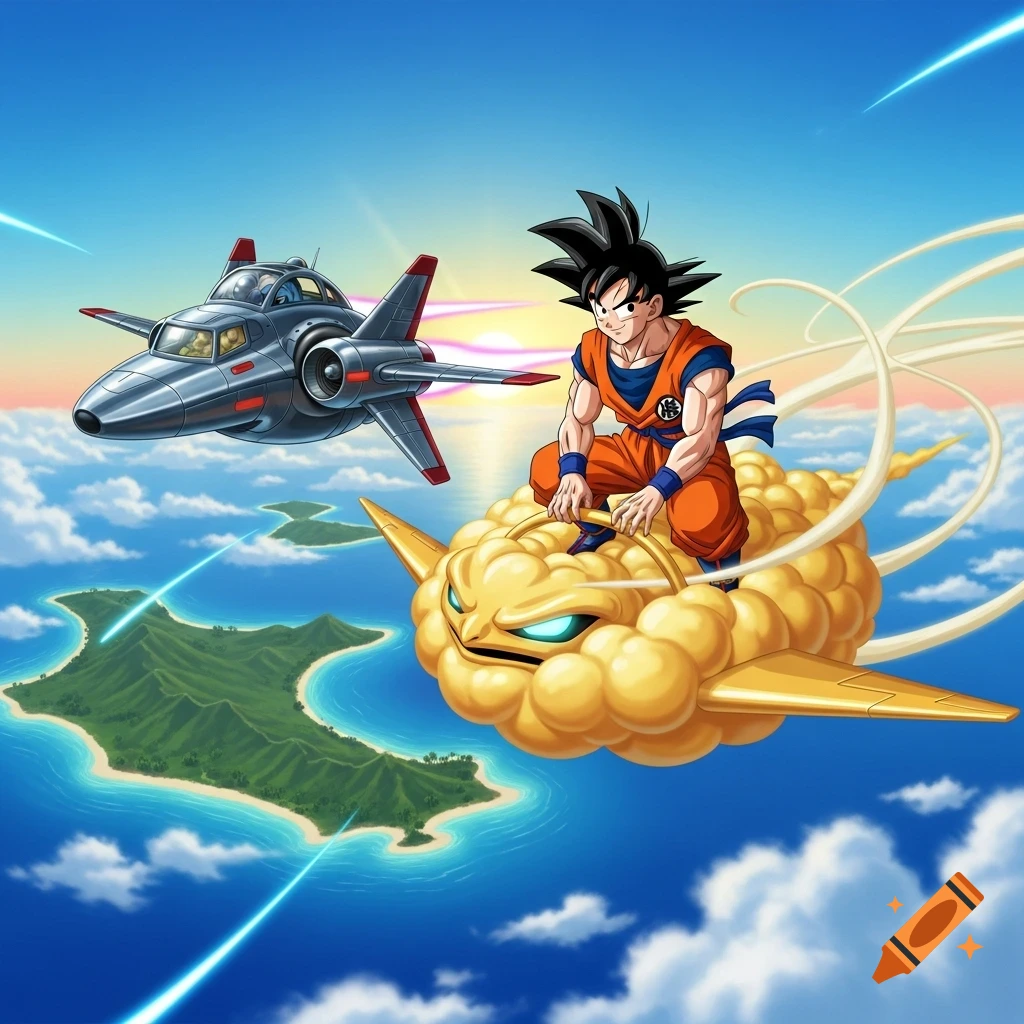 Goku on his golden Flying Nimbus flies alongside Jumba Jookiba's silver ...