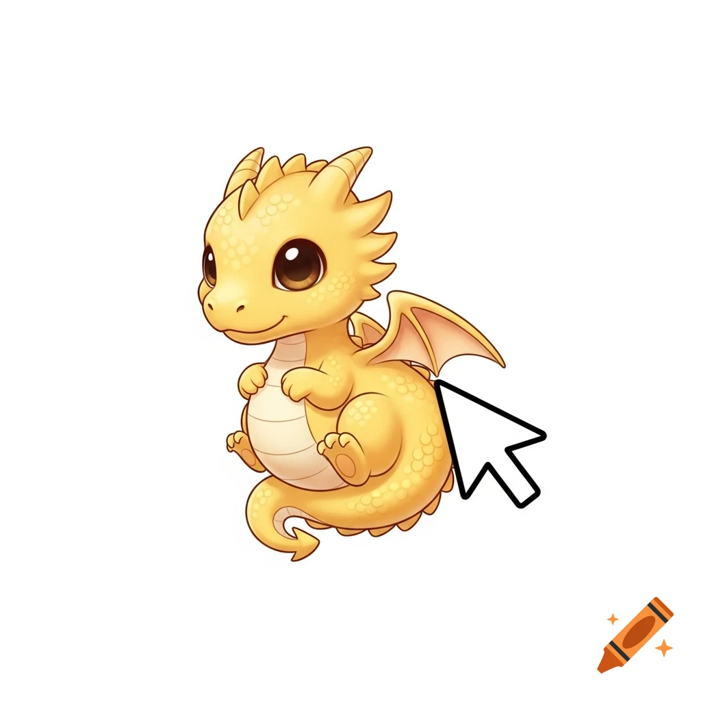A charming, friendly, yellow baby dragon with big eyes and a mouse ...