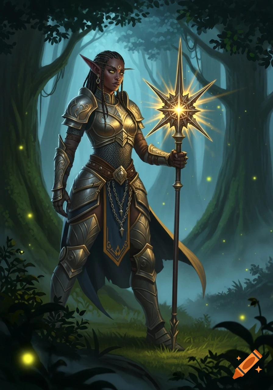 Dark-skinned female elf in golden chain armor holding a glowing star ...