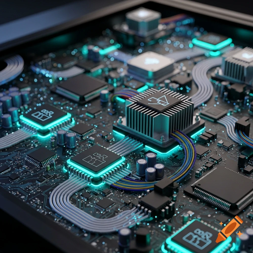 A close-up, high-tech view of a computer circuit board with glowing ...