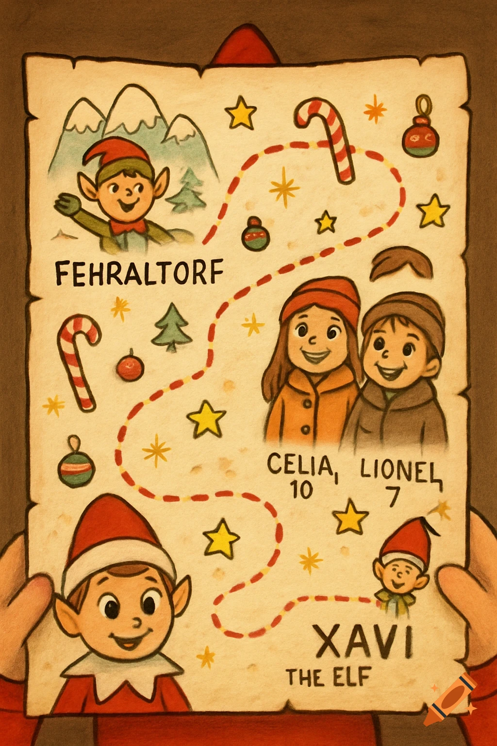 A whimsical, hand-drawn Christmas treasure map featuring elves ...