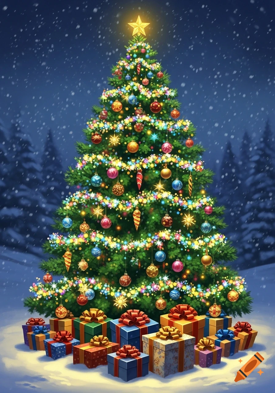 A brightly lit Christmas tree decorated with colorful ornaments and ...