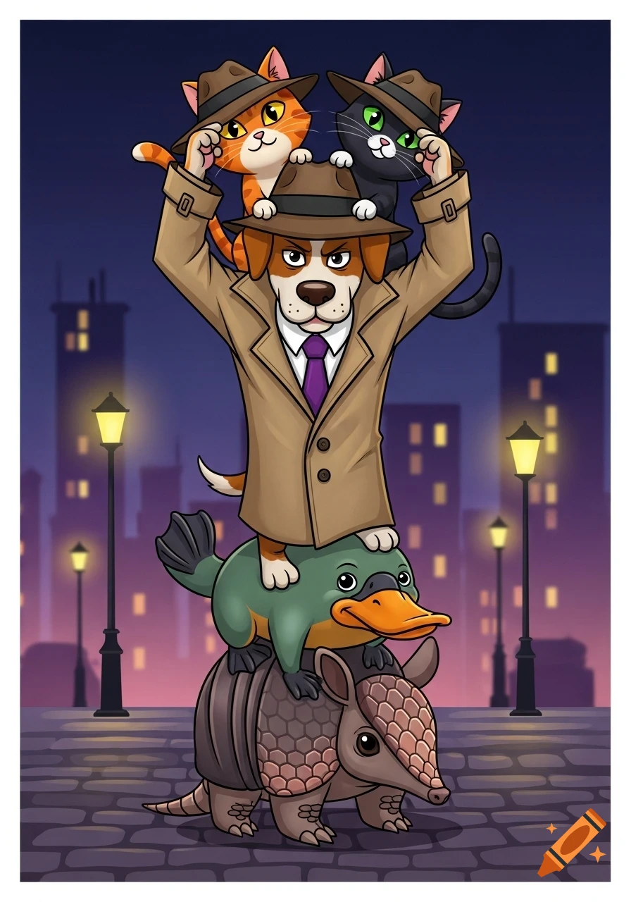 Cartoon of two cats, a dog, a platypus, and an armadillo stacked in a ...