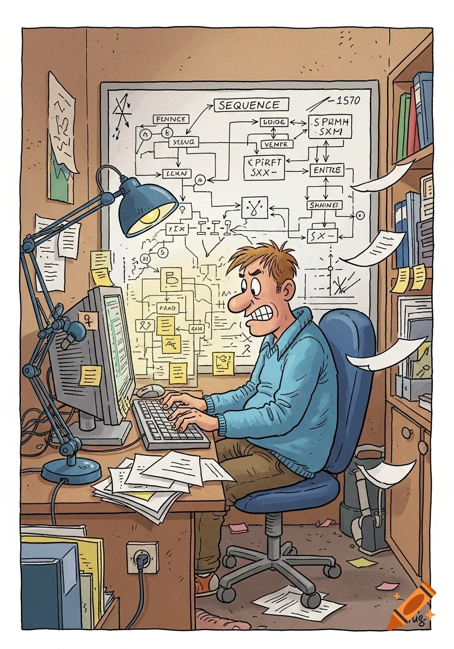 Cartoon drawing of a stressed computer developer working at a desk ...