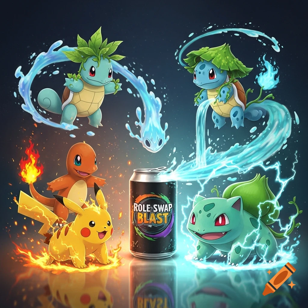 Fire Pikachu, water Charmander, grass Squirtle, and electric Bulbasaur ...