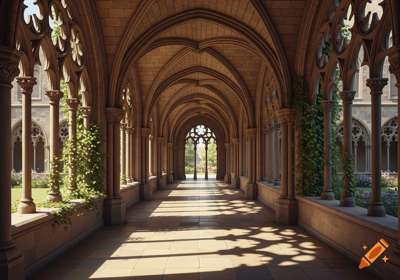 Photorealistic view of a long stone cloister with arches, columns, and ...