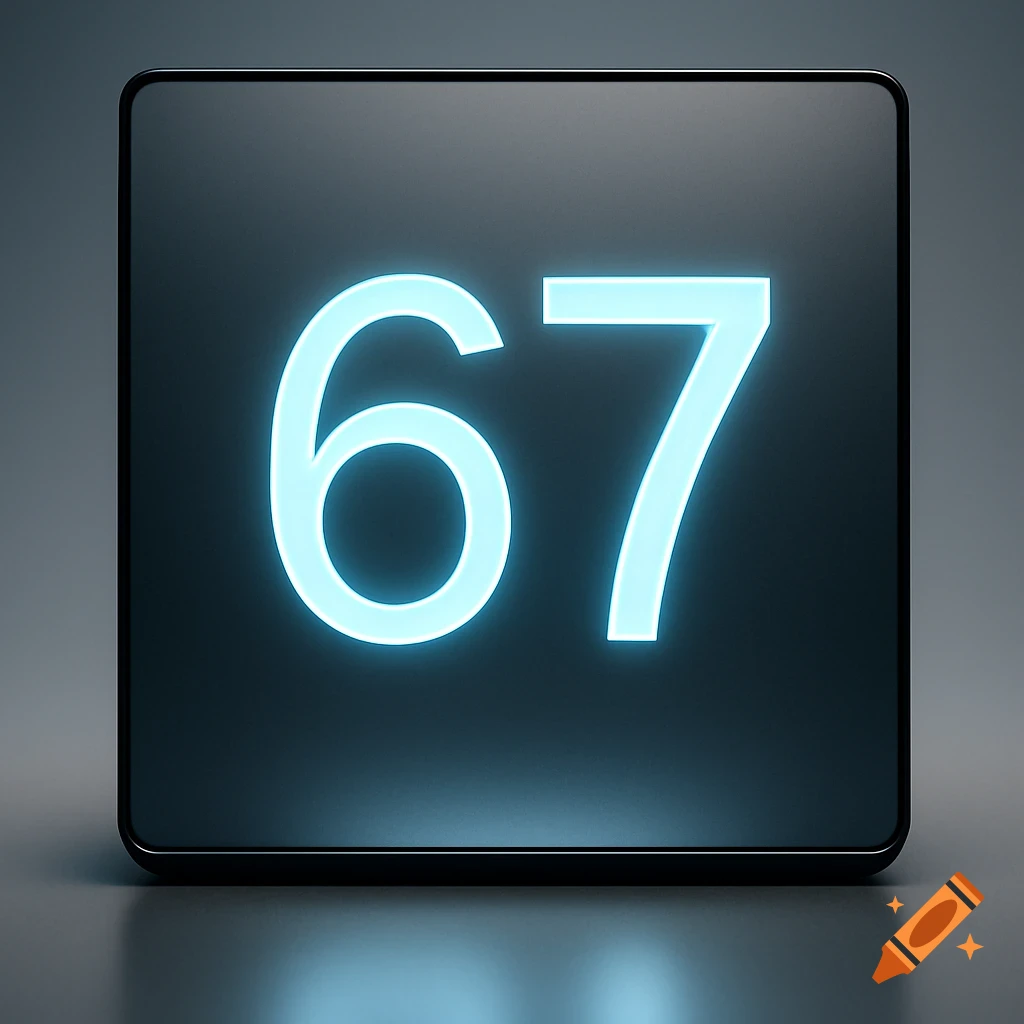 A glowing cyan number 67 on a dark square plaque with reflections. on ...