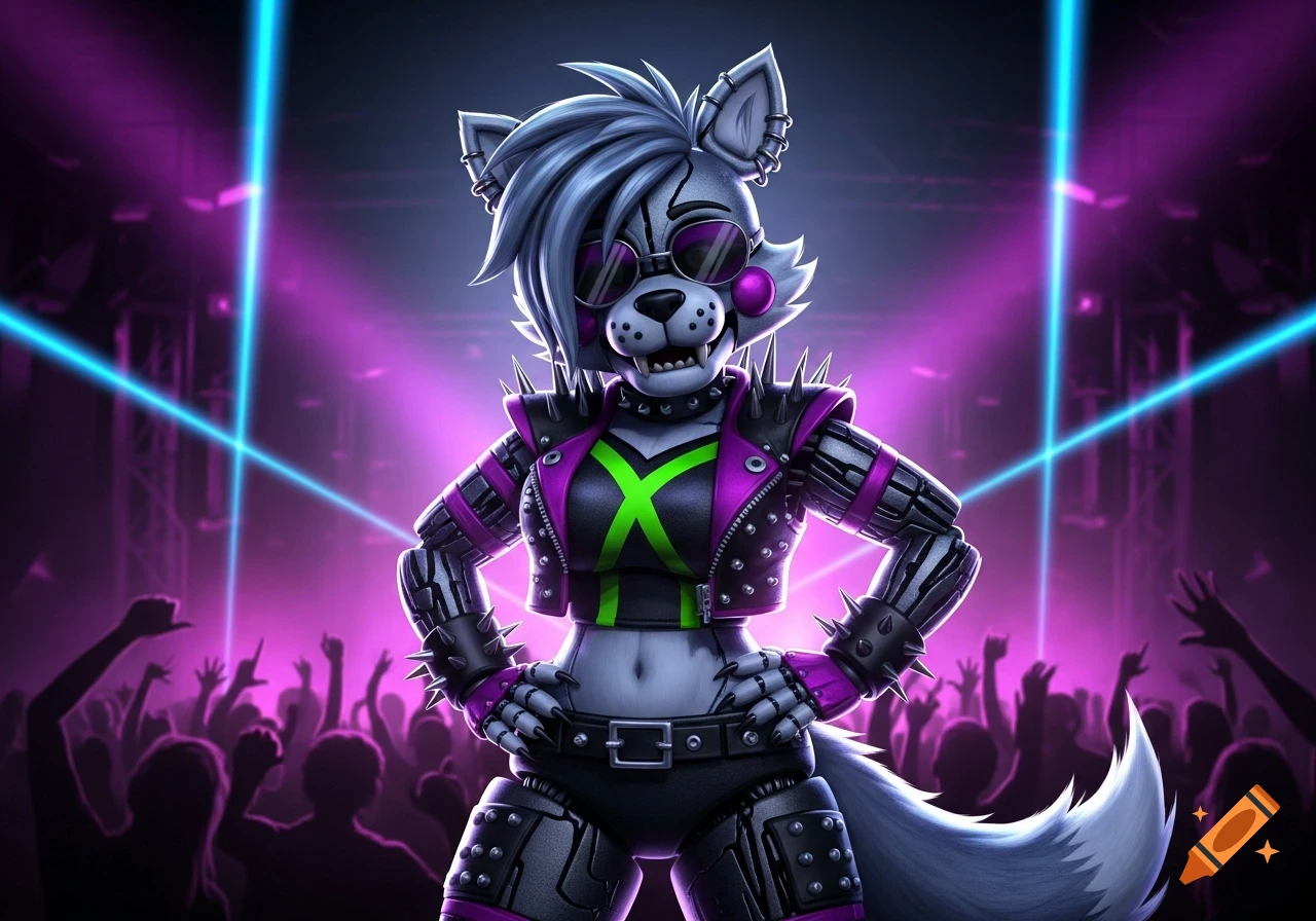 A punk rock anthropomorphic wolf character with spiked jacket and ...