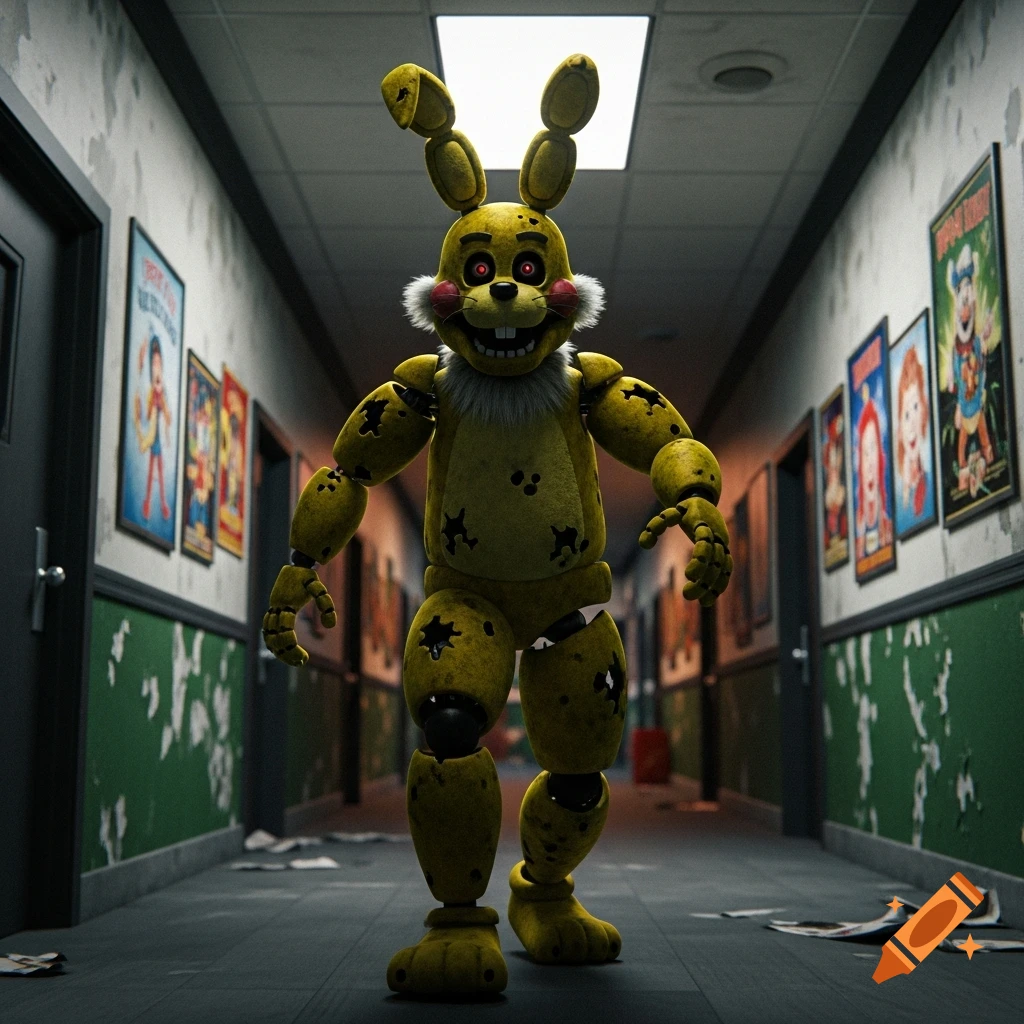 A realistic, cinematic photo of a menacing yellow-green animatronic ...