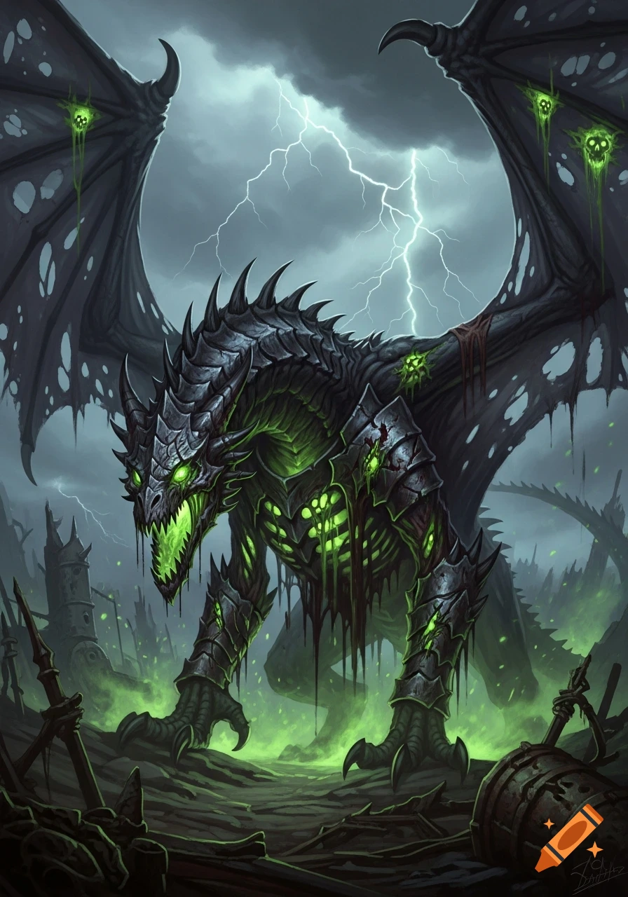 A dark fantasy illustration of a black armored zombie dragon with glowing green, tattered wings ...