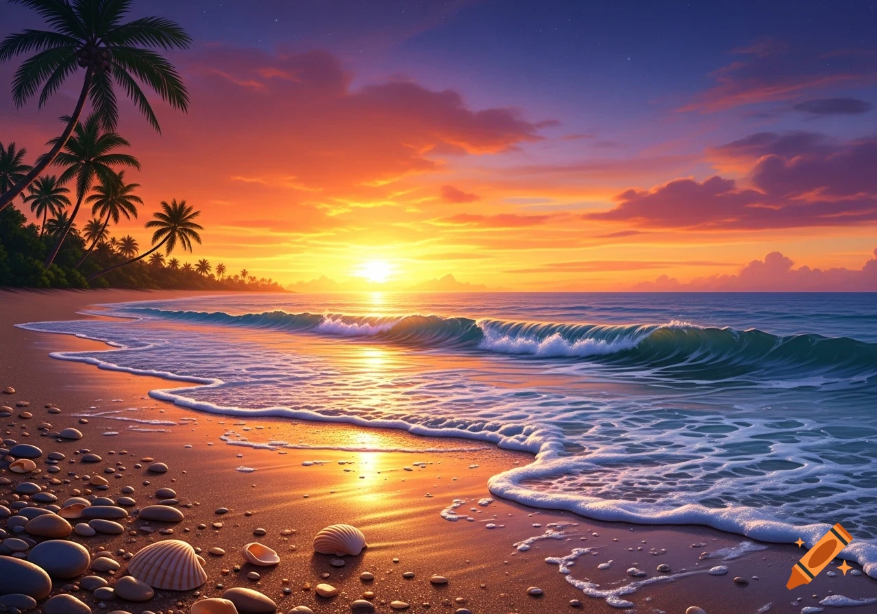 Vibrant photorealistic tropical beach sunset with crashing waves, palm ...