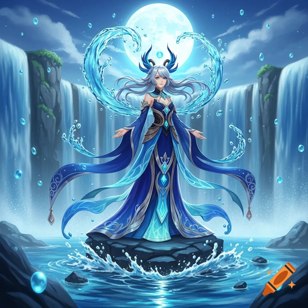 Anime water goddess with white hair and blue dress stands on a rock ...