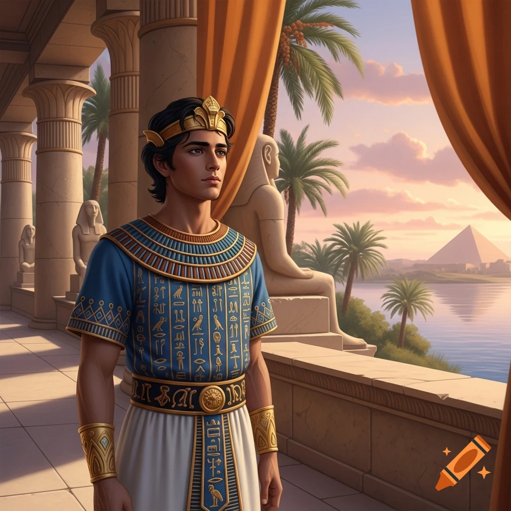 An Egyptian prince in a gold crown and ornate blue tunic stands on a ...