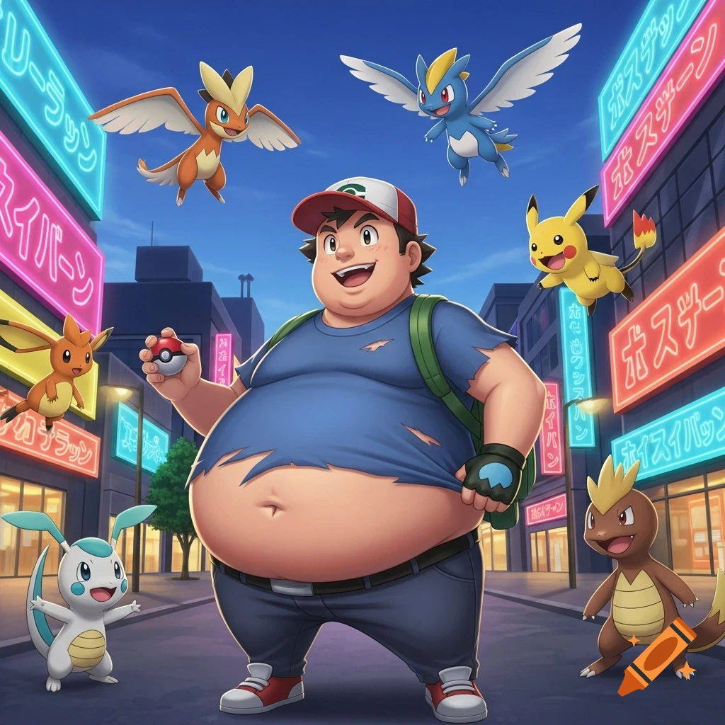 An obese Pokemon trainer with a ripped shirt stands with a pokeball ...