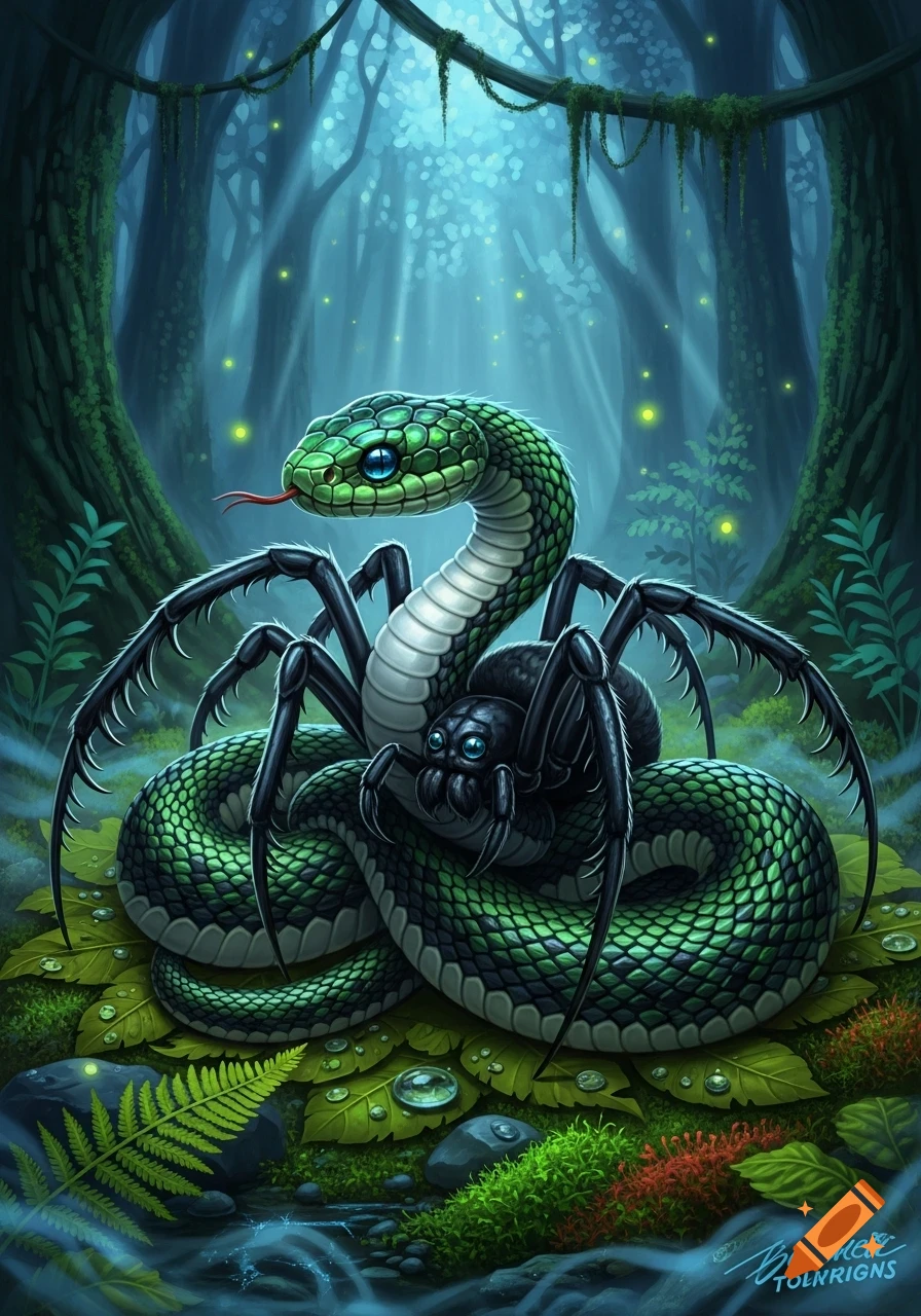 A vibrant illustration of a green snake-spider hybrid creature coiled ...