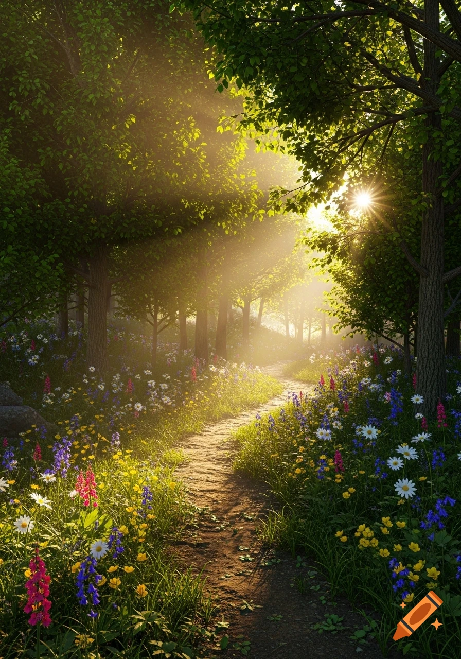 A sun-drenched forest path winding through a vibrant meadow of colorful ...