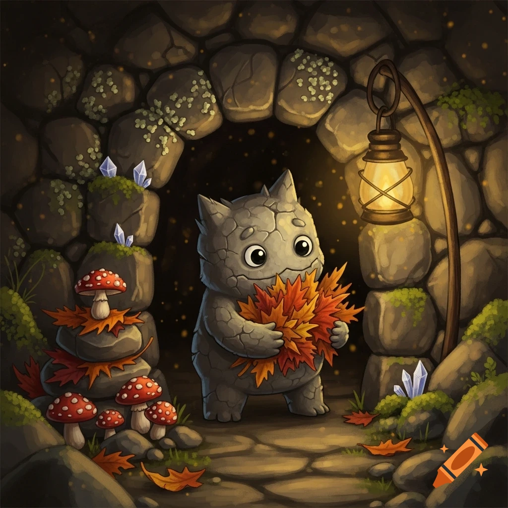A cute stone creature holds autumn leaves in a cozy cave with glowing ...