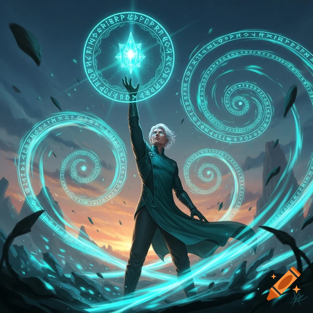 White-haired wizard in teal robe raises a glowing crystal amid swirling ...