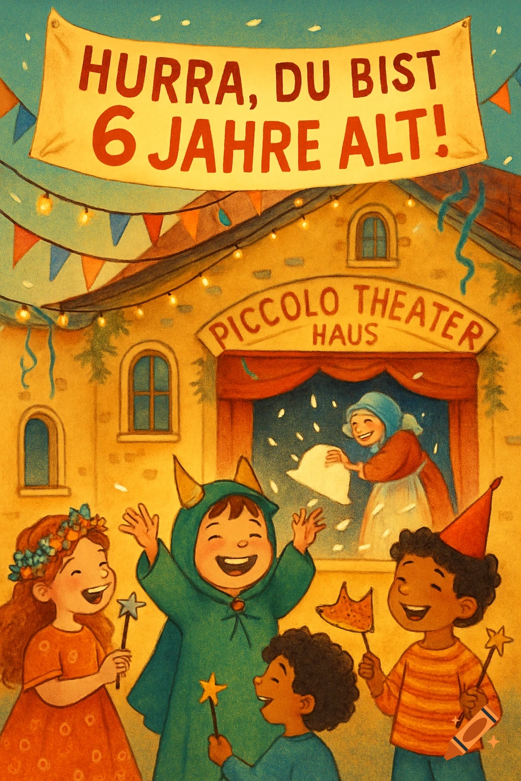 Happy children celebrate a 6th birthday in front of a festive Piccolo ...