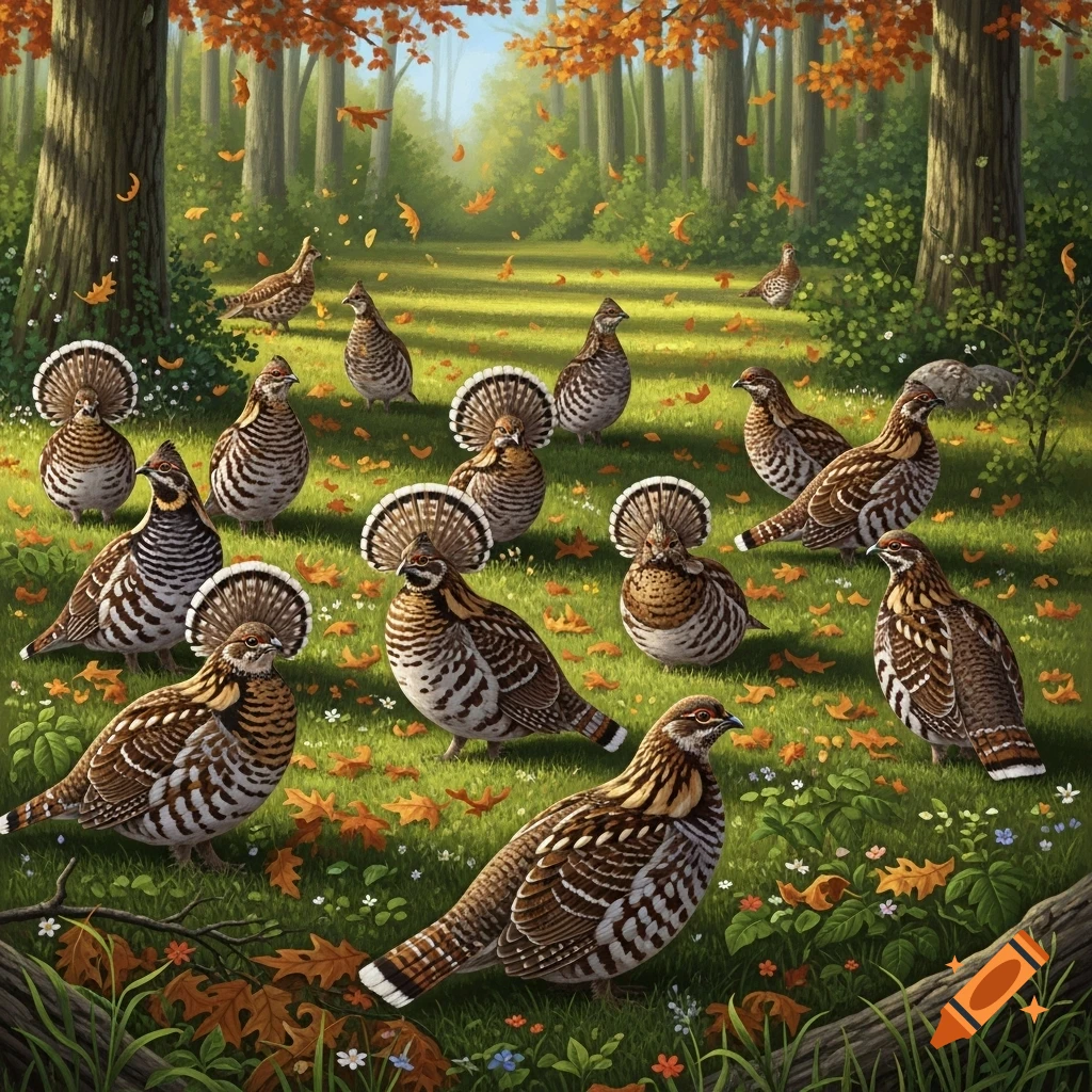 Many ruffed grouse stand on green grass with fallen autumn leaves in a ...