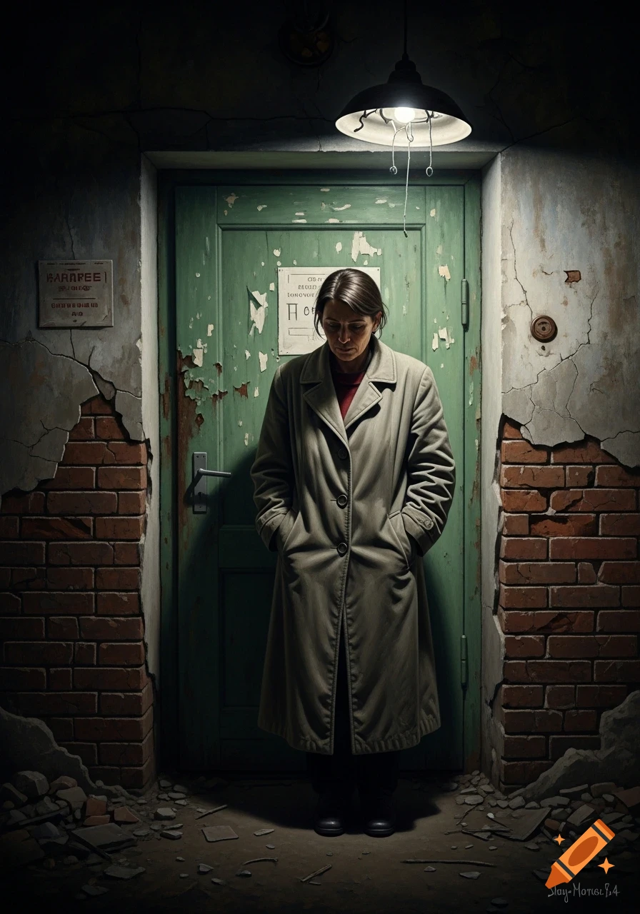 A melancholic woman in a long grey coat stands under a dim lamp in a decaying Soviet-era ...