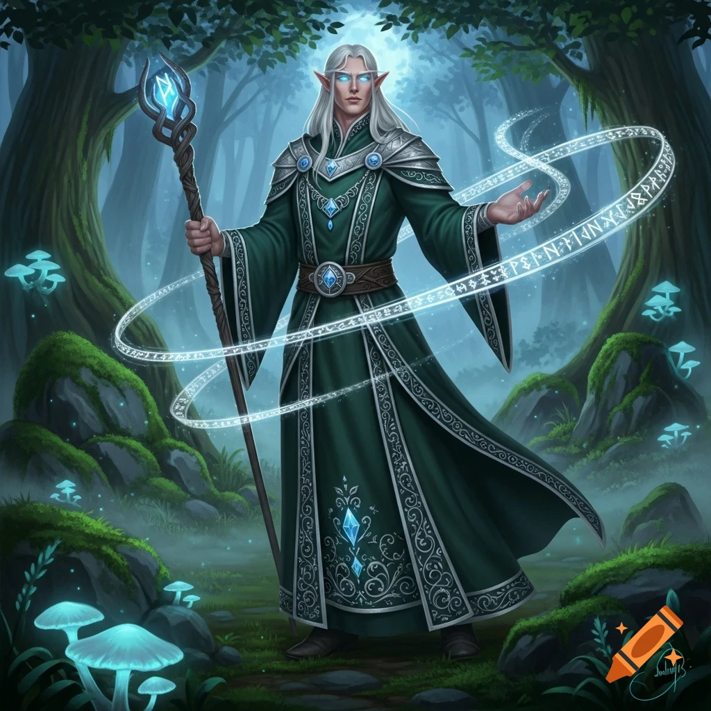 A white-haired elf sorcerer in green robes and armor holds a glowing ...