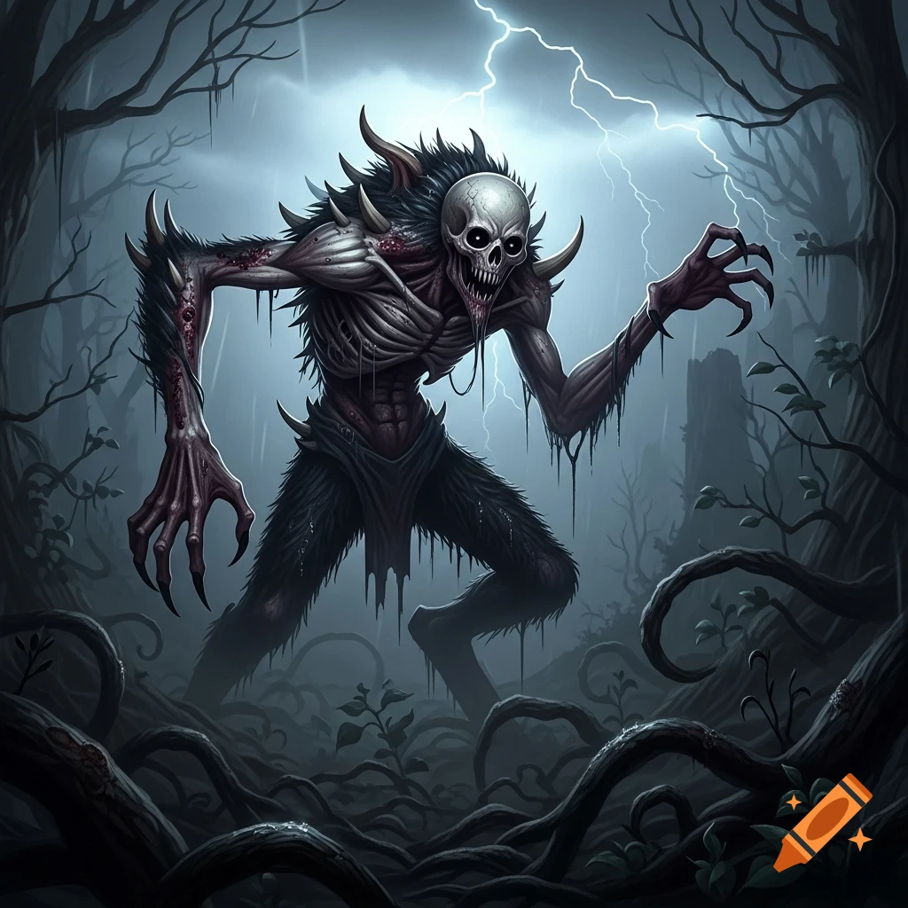 A skeletal, grotesque monster with a skull face and sharp claws stands ...