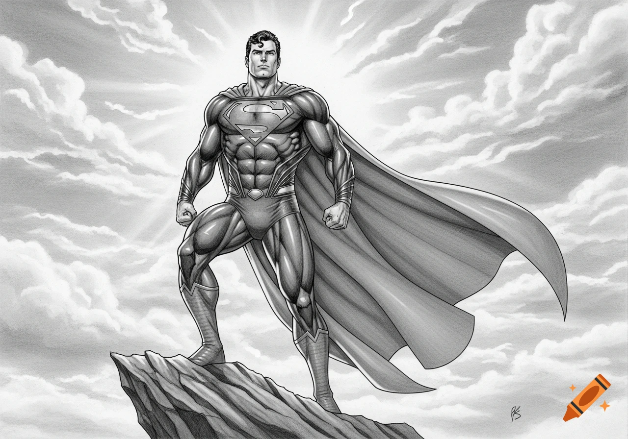 Black and white sketch of Superman standing heroically on a rock, with ...