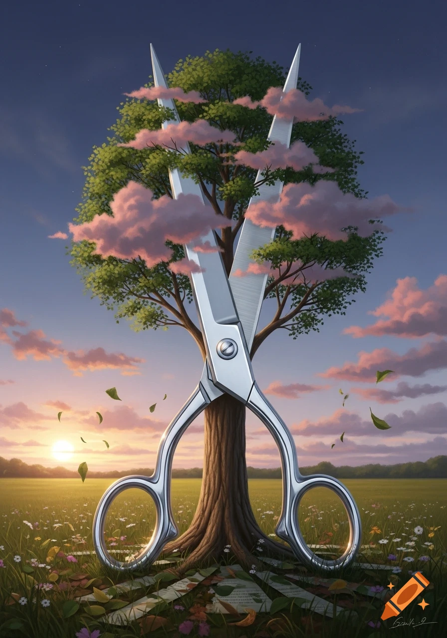 A surreal landscape features a tree whose trunk forms the handles of ...