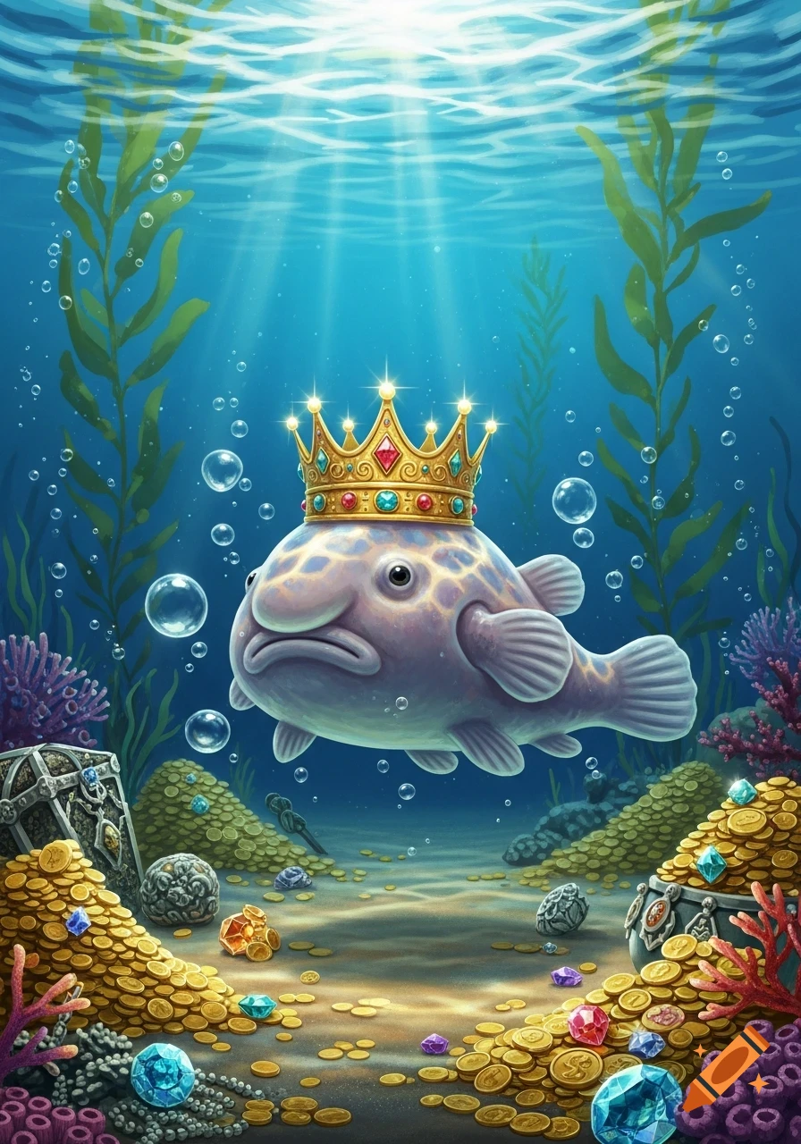 An illustrated blob fish wearing a golden crown swims underwater ...