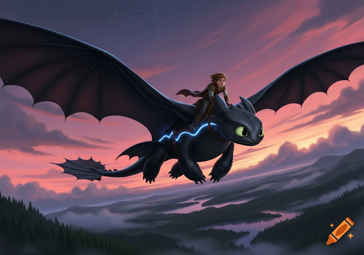 Hiccup rides Toothless flying over misty mountains at sunset, in an ...