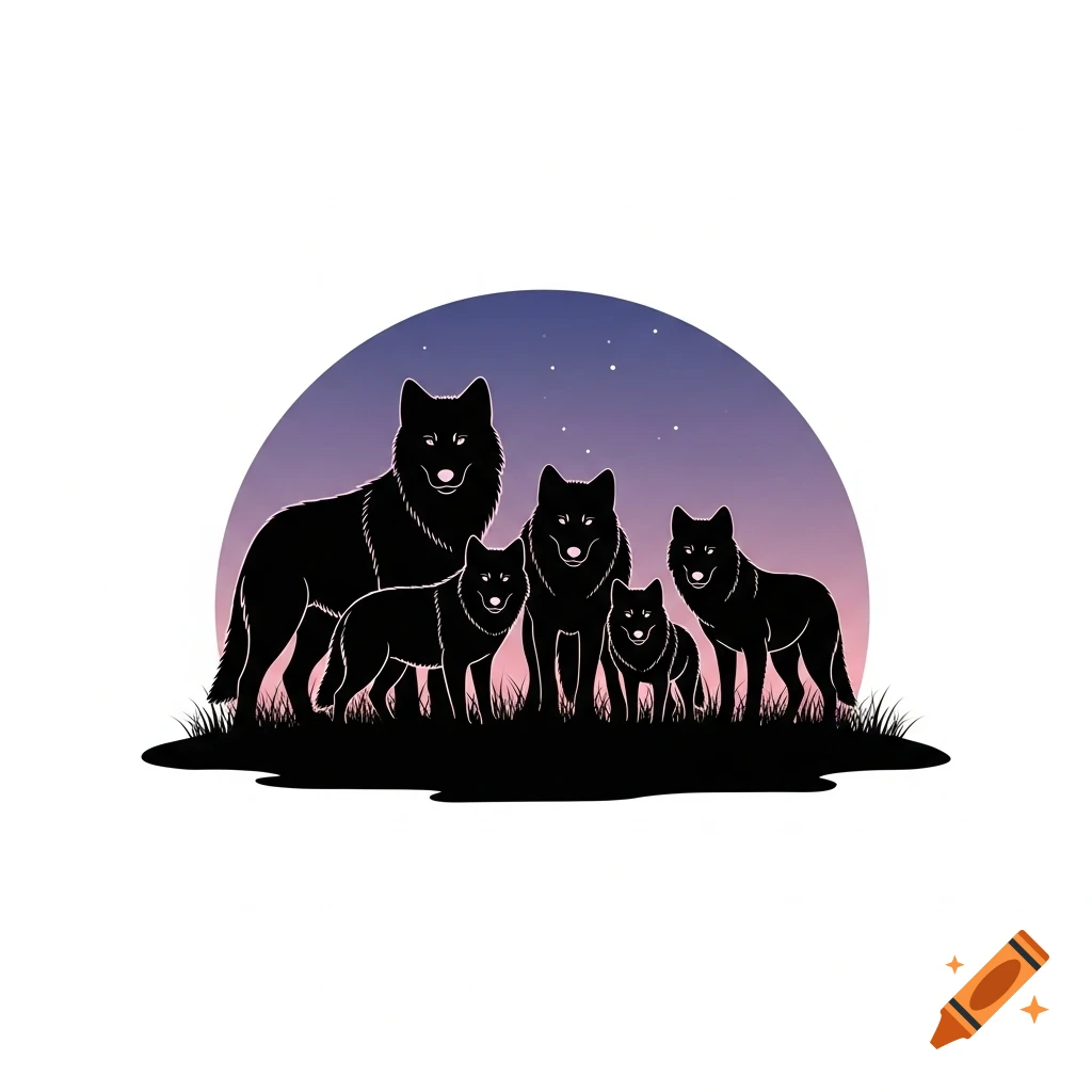Silhouette of a wolf family with five wolves on a grassy hill against a ...