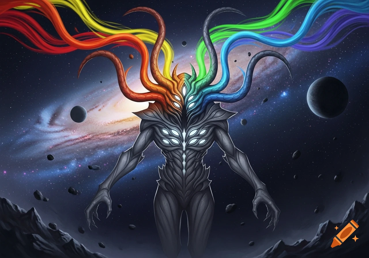A multi-eyed, dark cosmic creature with rainbow-colored tentacles ...