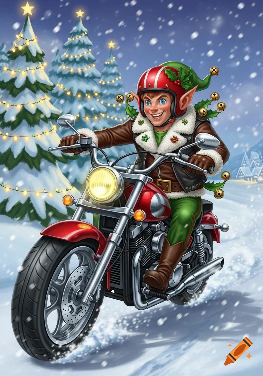 A cheerful Christmas elf in a helmet and biker jacket rides a red ...