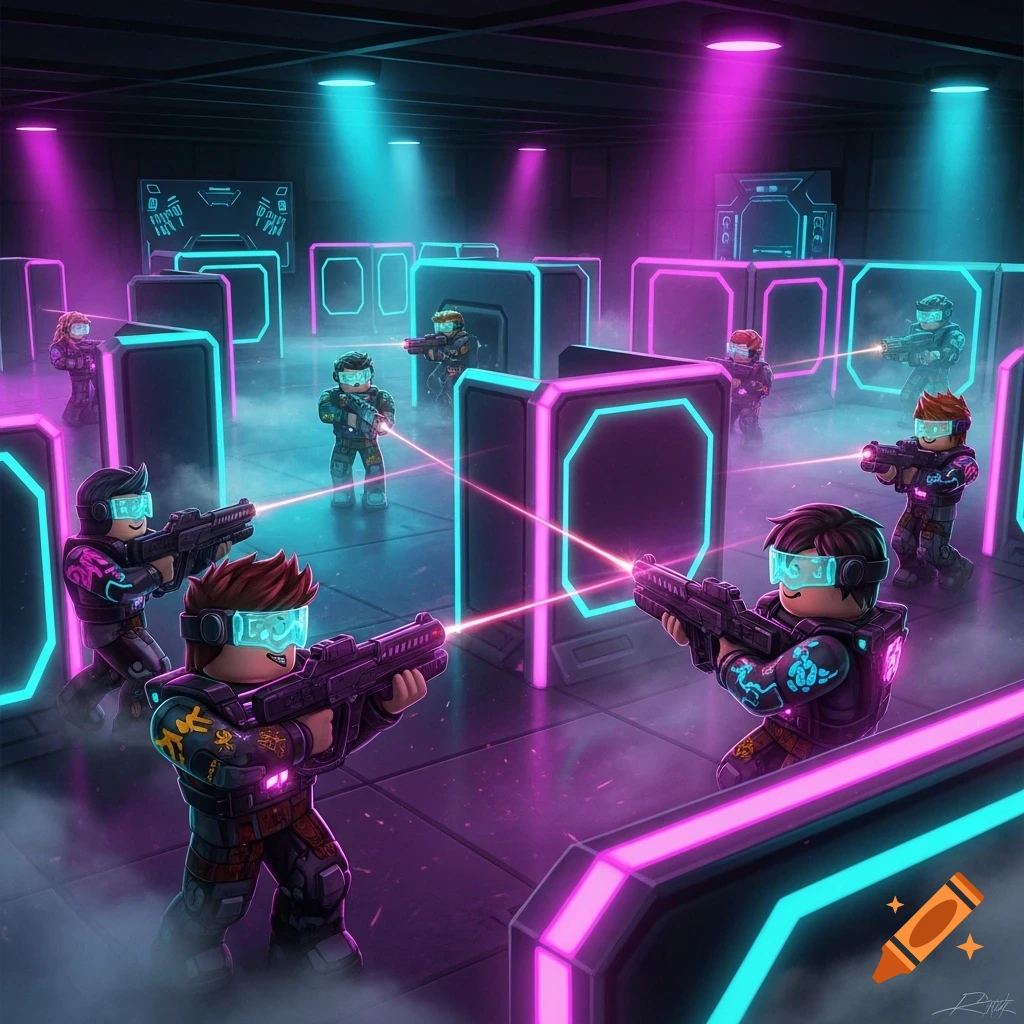 Roblox-style characters play laser tag in a neon-lit arena with glowing ...