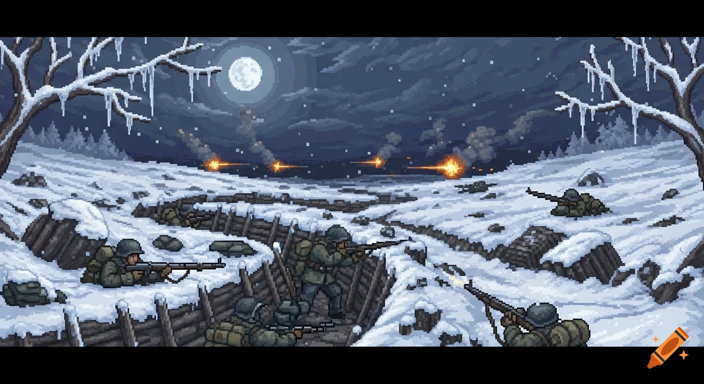 Pixel art of soldiers fighting in snowy trenches at night under a full ...