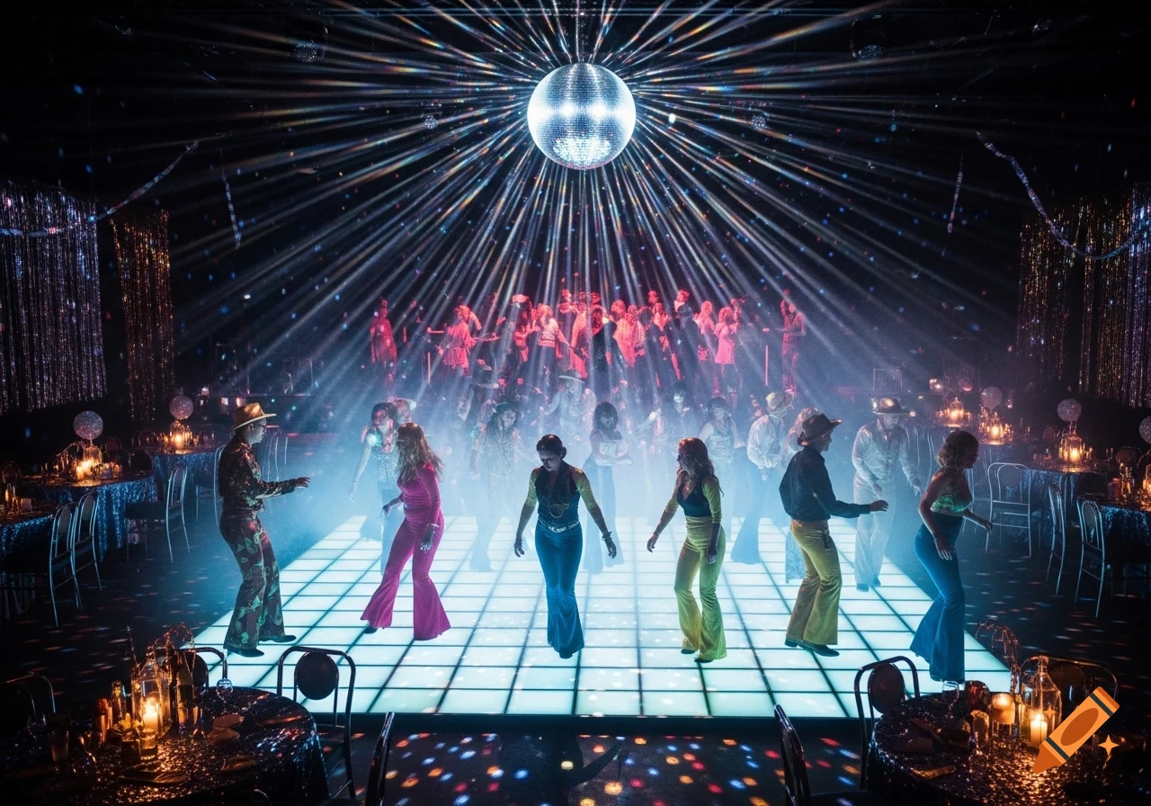 A vibrant disco scene with a large disco ball radiating light over a ...