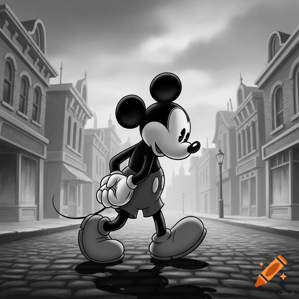 Black and white rubber hose Mickey Mouse walks sadly down a cobblestone ...