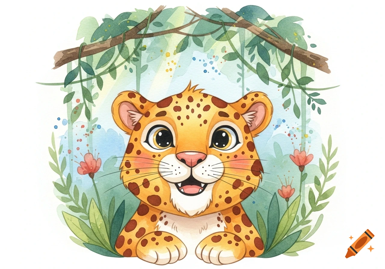 A cute, happy cartoon leopard peeking from jungle foliage in a vibrant ...