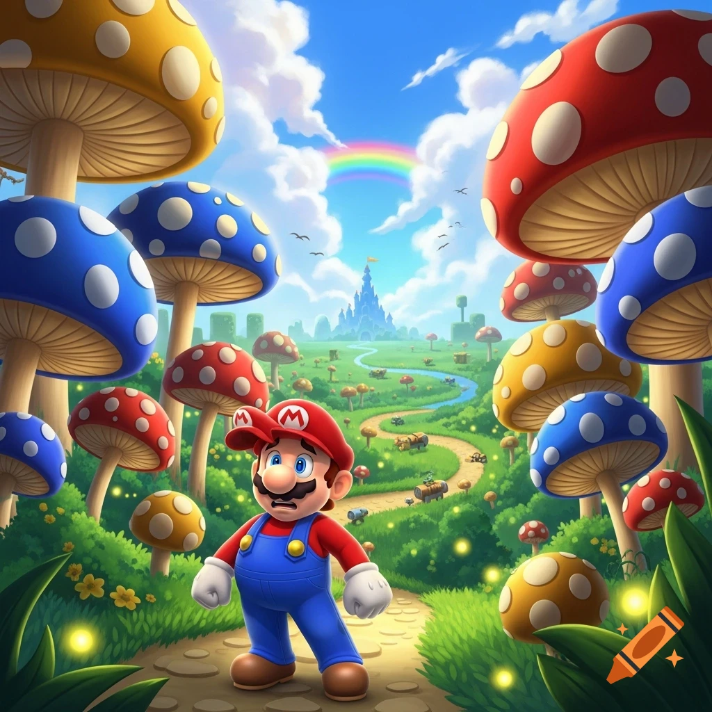 Mario looks surprised on a path through a vibrant mushroom kingdom with ...