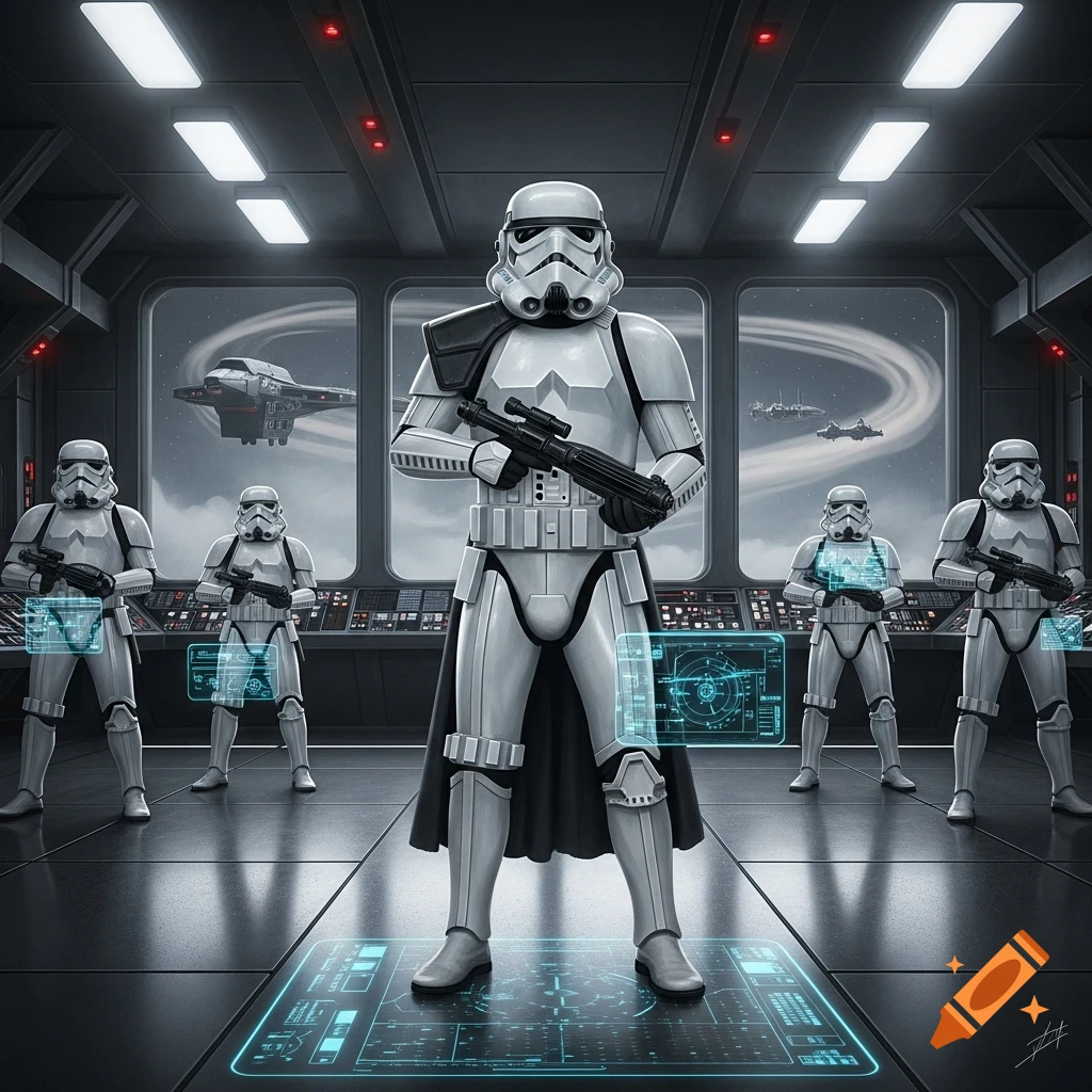 Five detailed Stormtroopers, with a sergeant major in front, stand on a ...