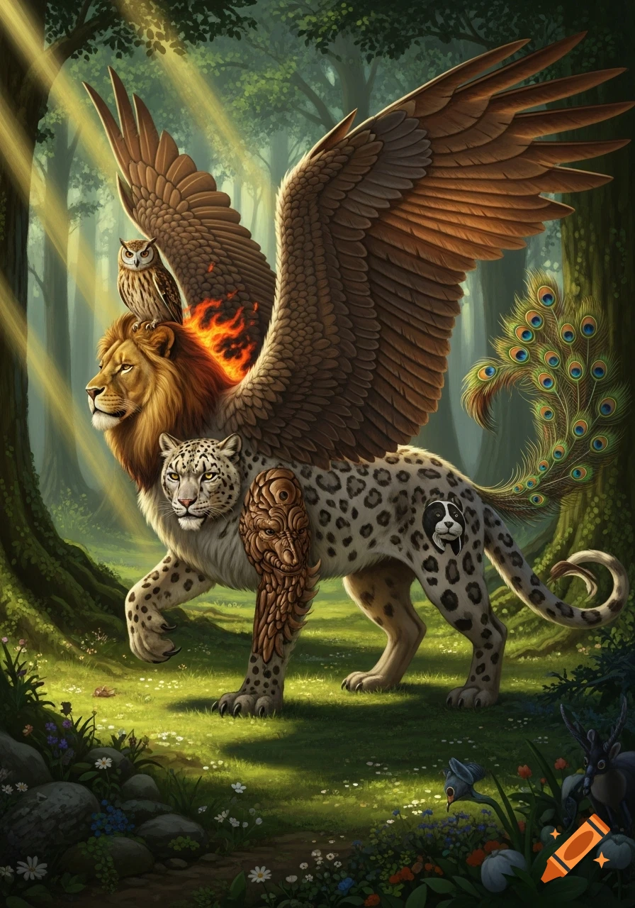A majestic chimera with a lion's head, an owl on its mane, large ...