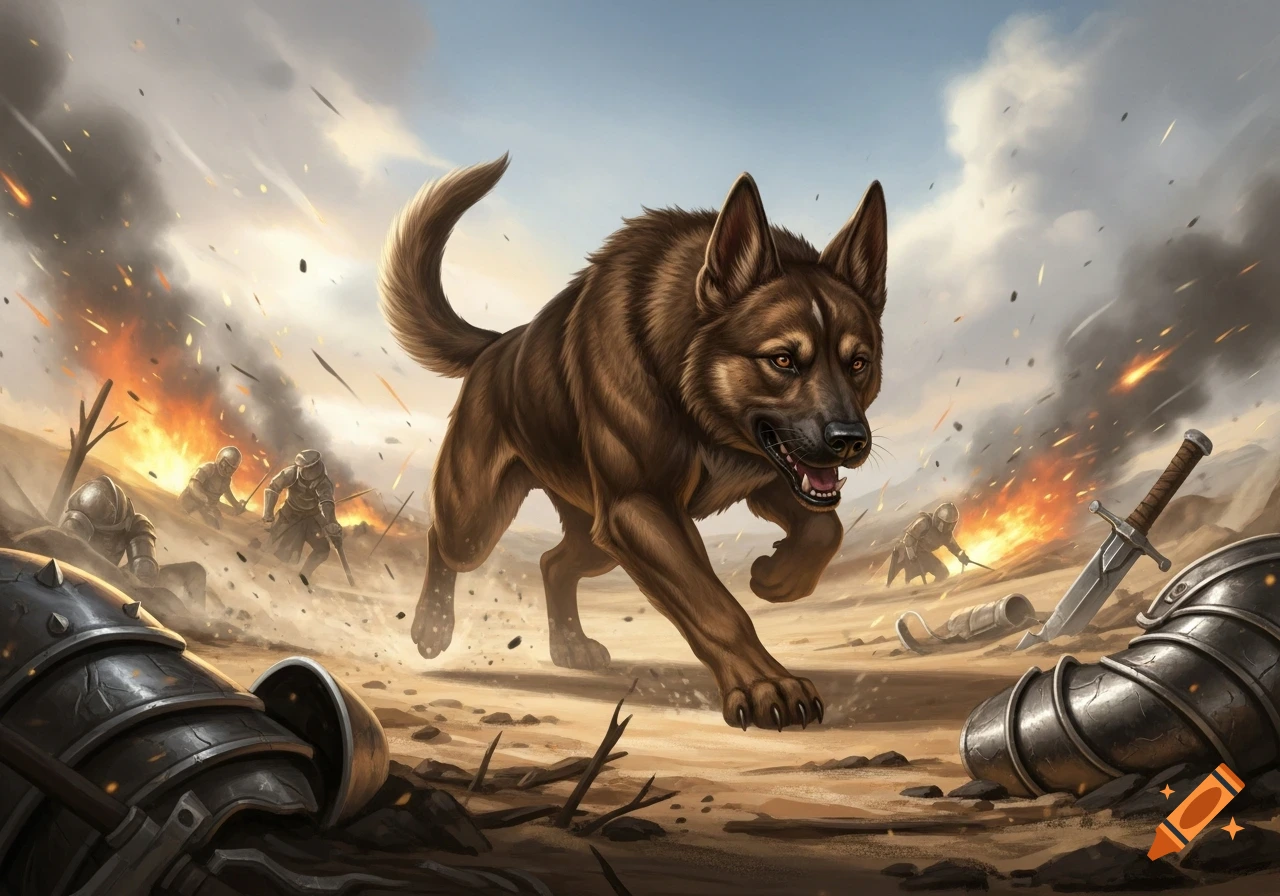 A fierce brown dog charges across a war-torn battlefield, past ...