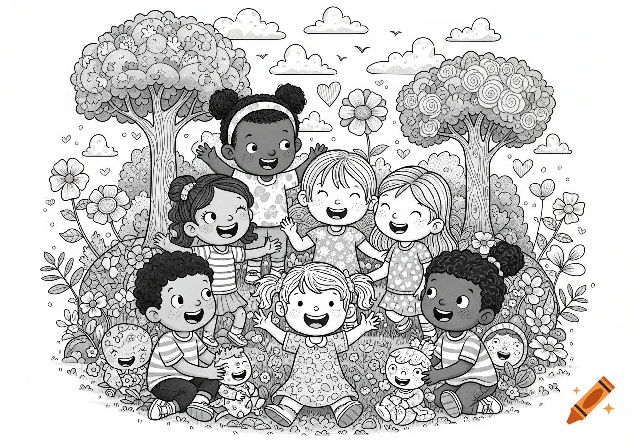 Black and white cartoon coloring page of diverse happy children playing ...