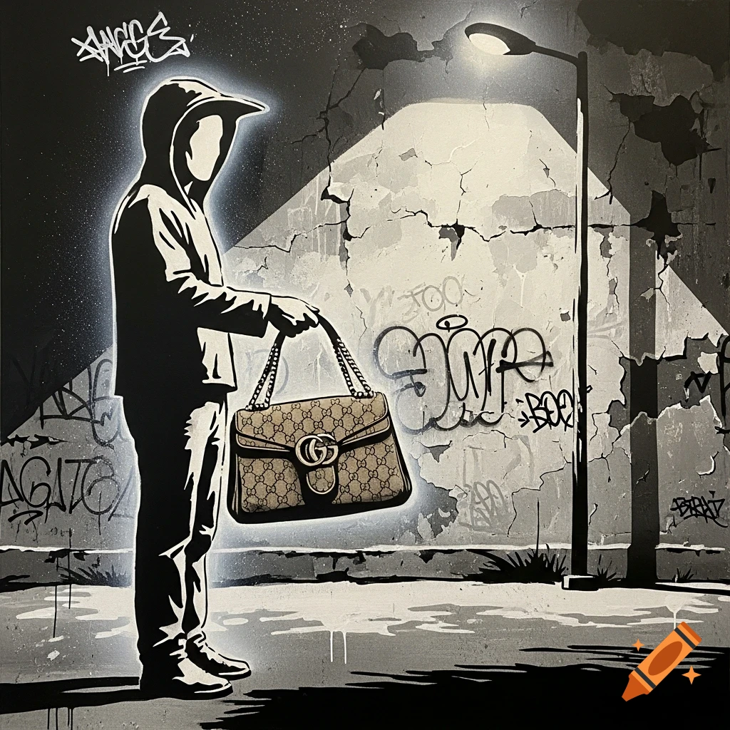 A black and white stencil art piece depicts a hooded figure holding a ...