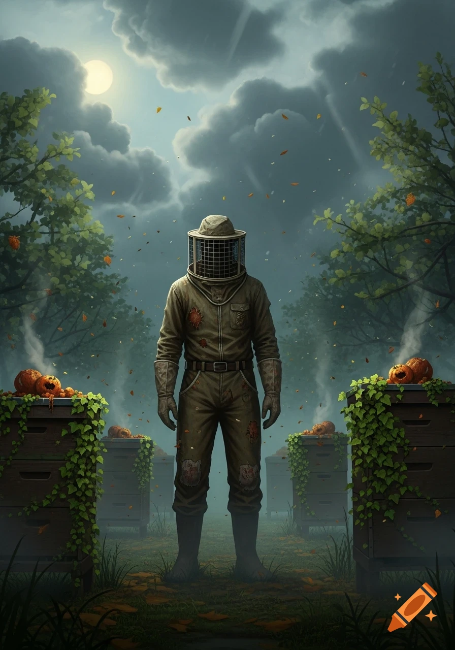 A figure in a beekeeper suit with a metal grid for a face stands in a ...