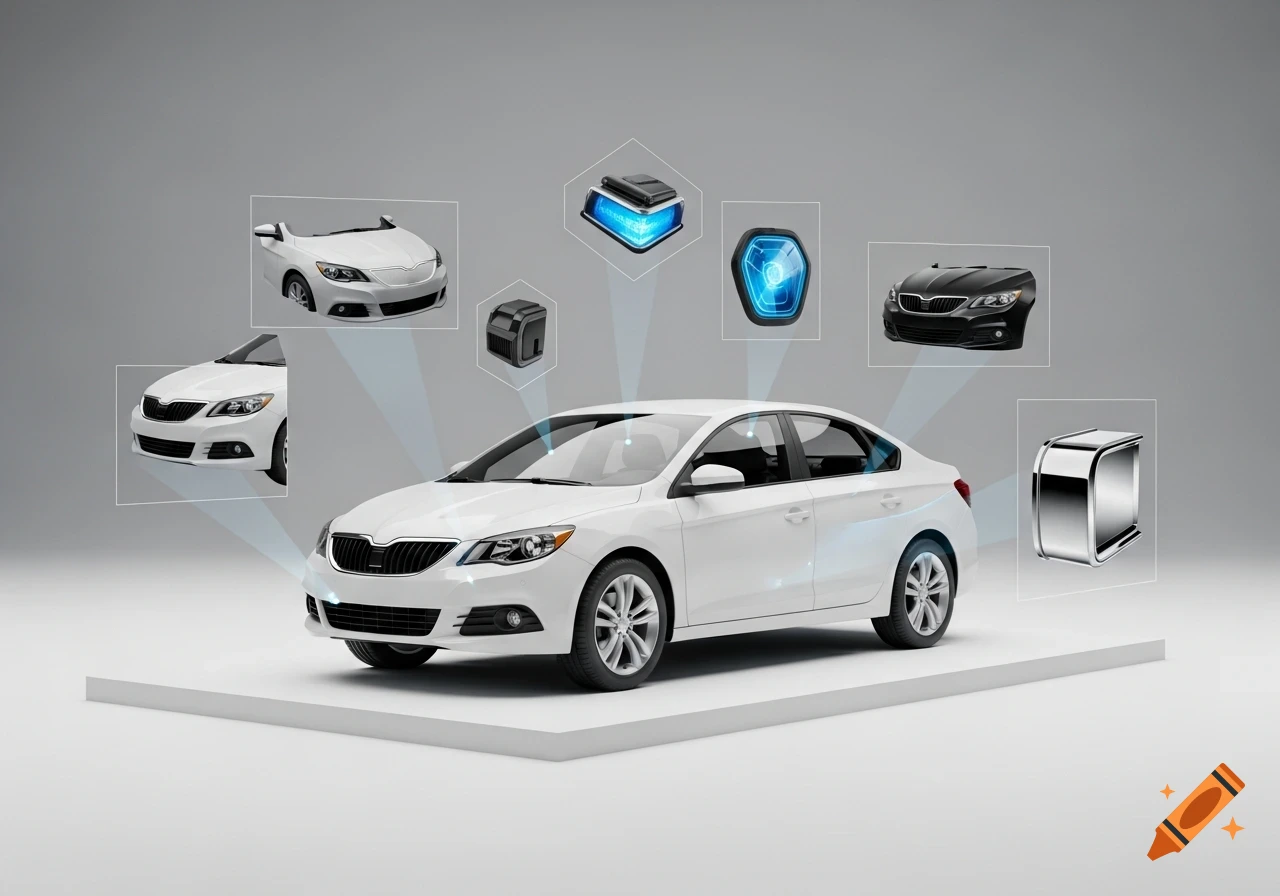A white sedan on a platform, surrounded by holographic components ...