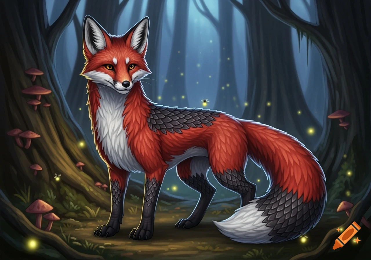 A fantastical red fox with dark scales and a short tail stands in a ...