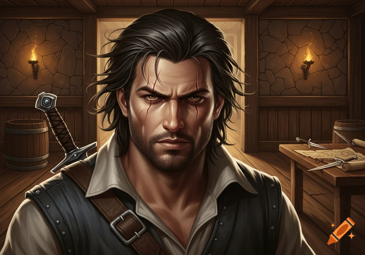 A serious man with dark hair and facial scars, wearing a leather vest ...